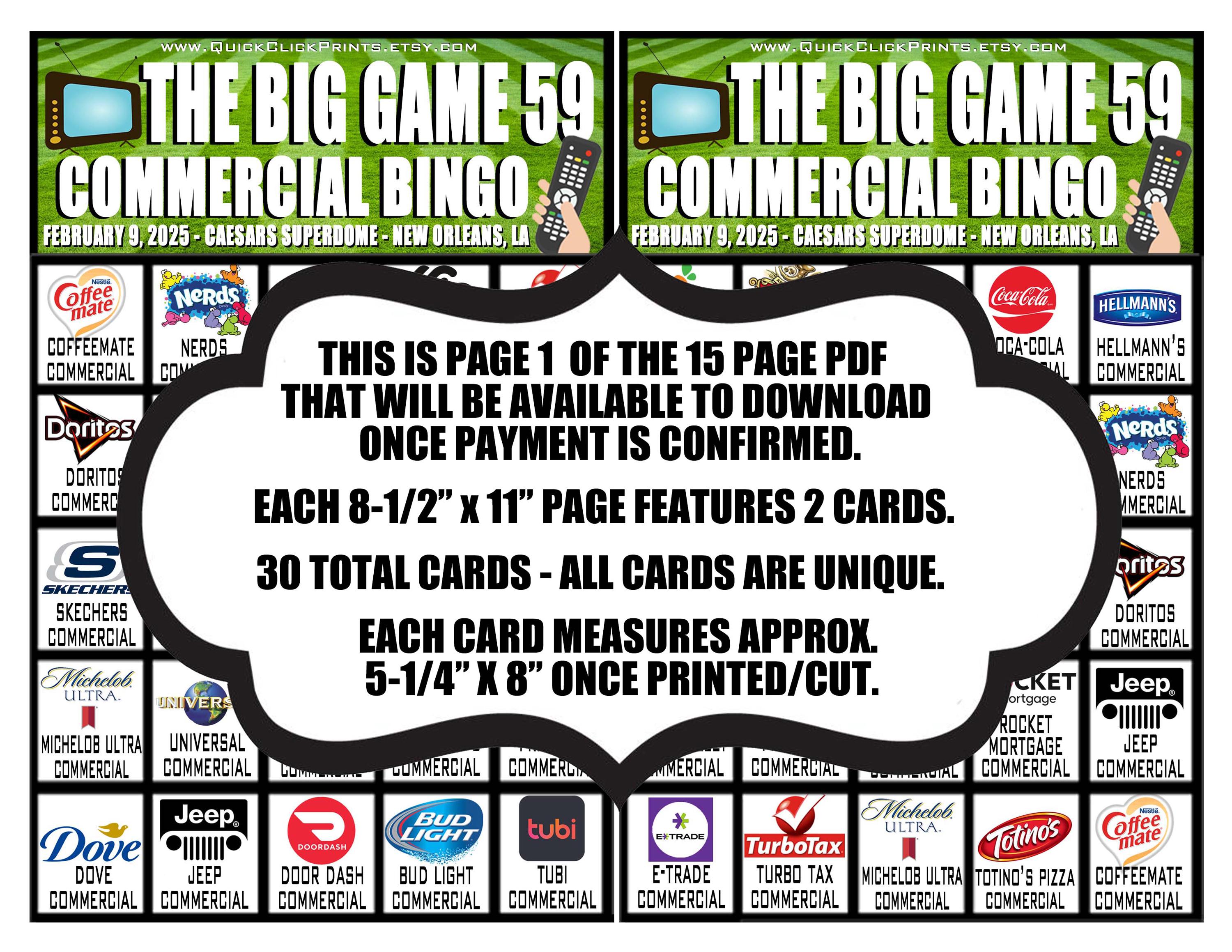 The Big Game 59 Commercial Bingo - 30 Cards - Football Party Game ...