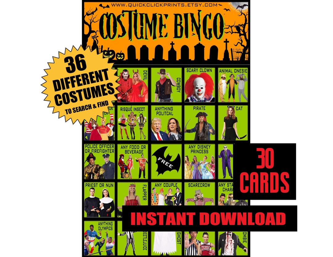 Costume Bingo - 30 Cards - Halloween Costume Party Games - Halloween ...