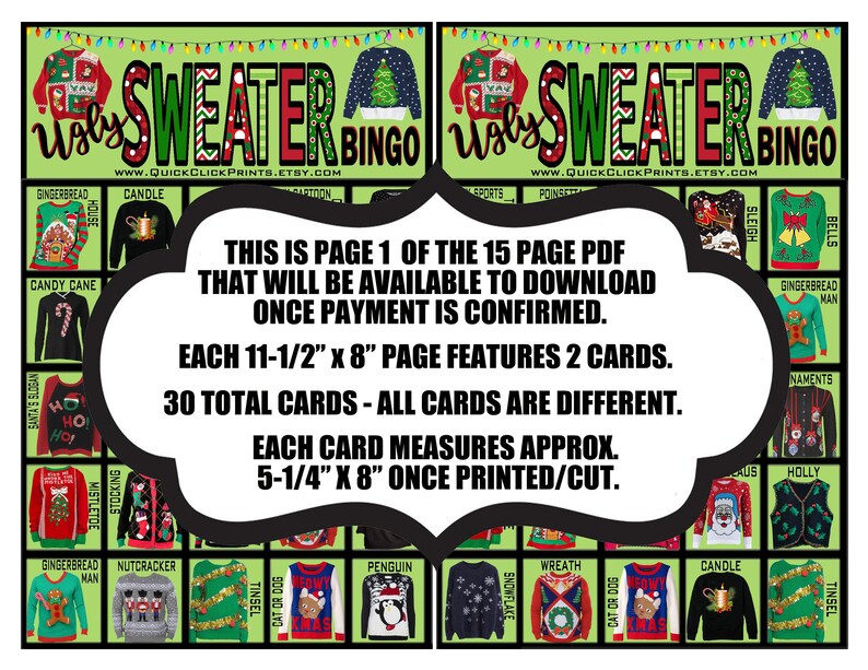 Ugly Sweater Bingo 30 Cards Christmas Party Game Christmas Drinking ...