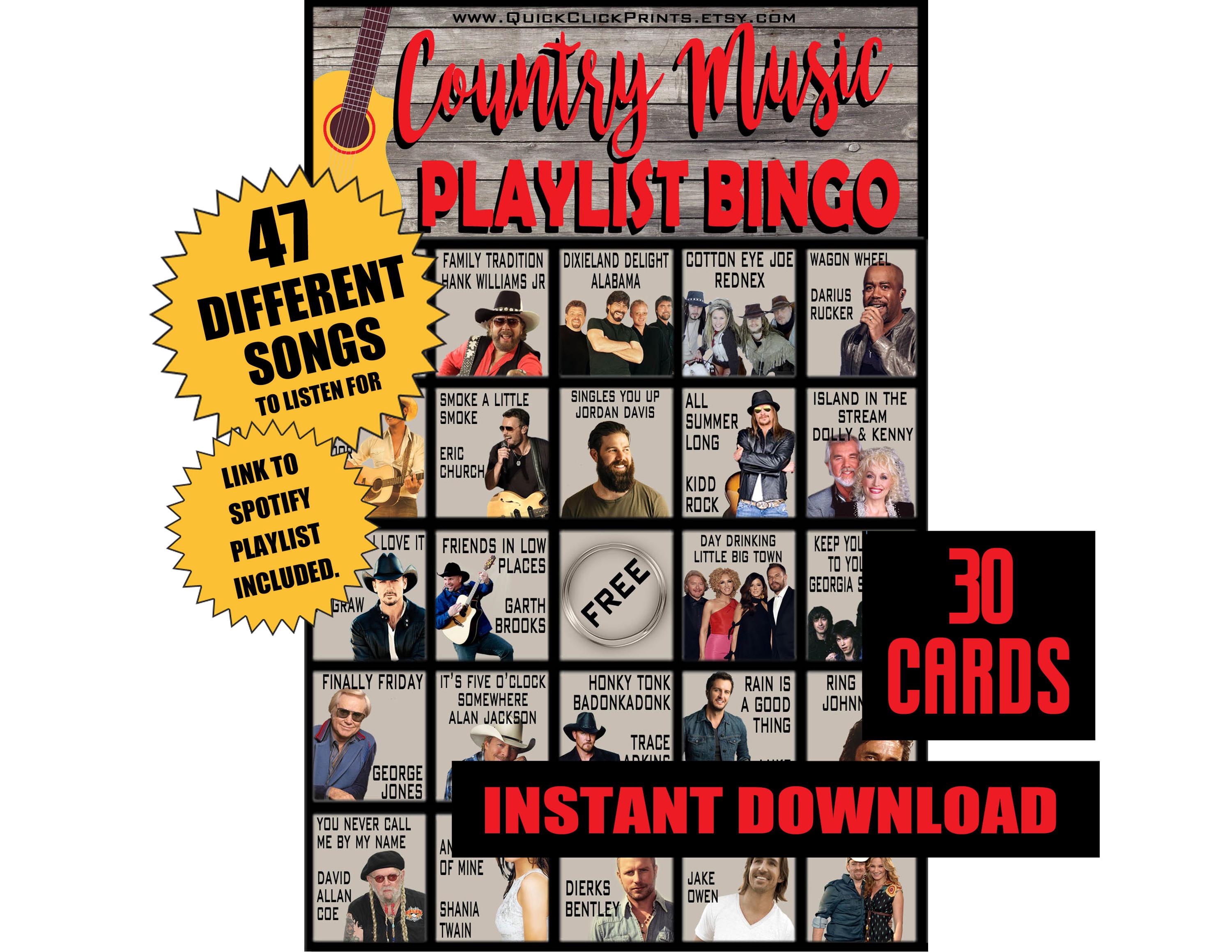 Country Music Playlist Bingo: 30 Printable Cards (digital Download) - Etsy