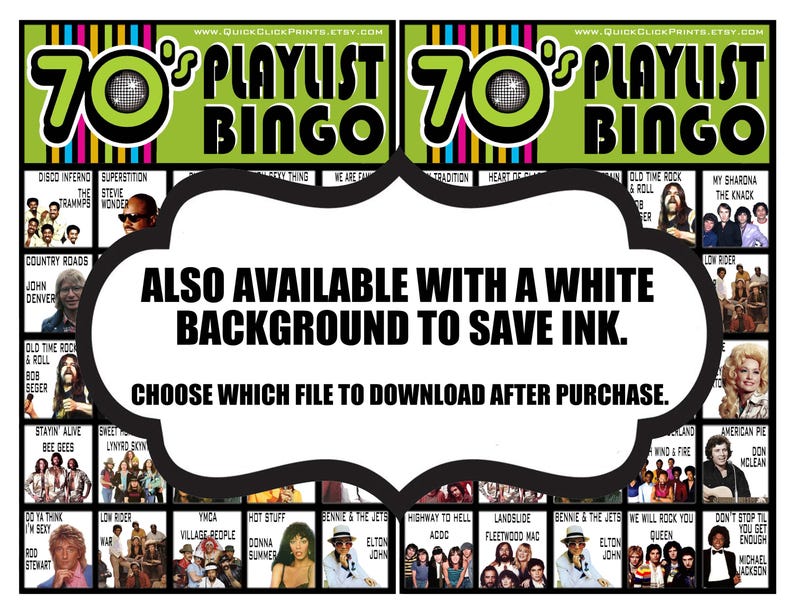 70s Music Bingo: 30 Printable Cards, Dance Party Game (instant Download ...