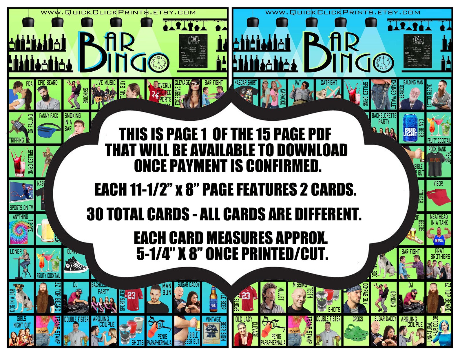 BIG Bar Bingo 30 Cards Pub Crawl Bingo People Watching drinking Game BIG Bar Bingo 30 Cards Pub Crawl Bingo People Watching drinking Game