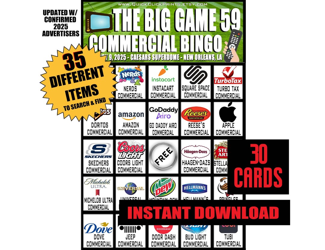 The Big Game 59 Commercial Bingo - 30 Cards - Football Party Game ...
