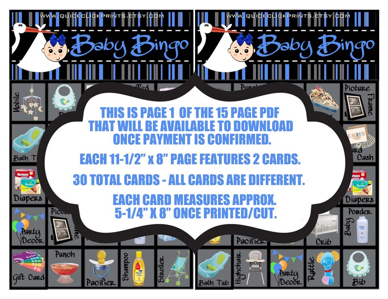 Baby Bingo - 30 Cards - Baby Shower Games - It's a Boy - Blue ...