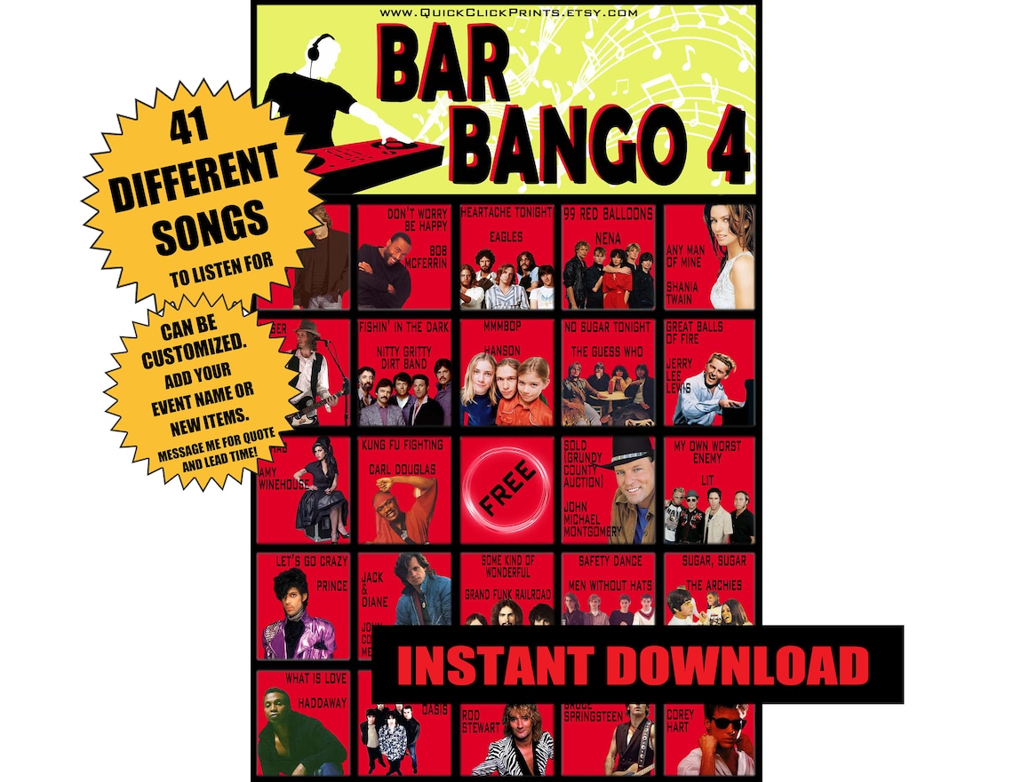 Bar Bango 4 30 Cards Playlist Bingo Music Bingo Drinking Game Printable ...