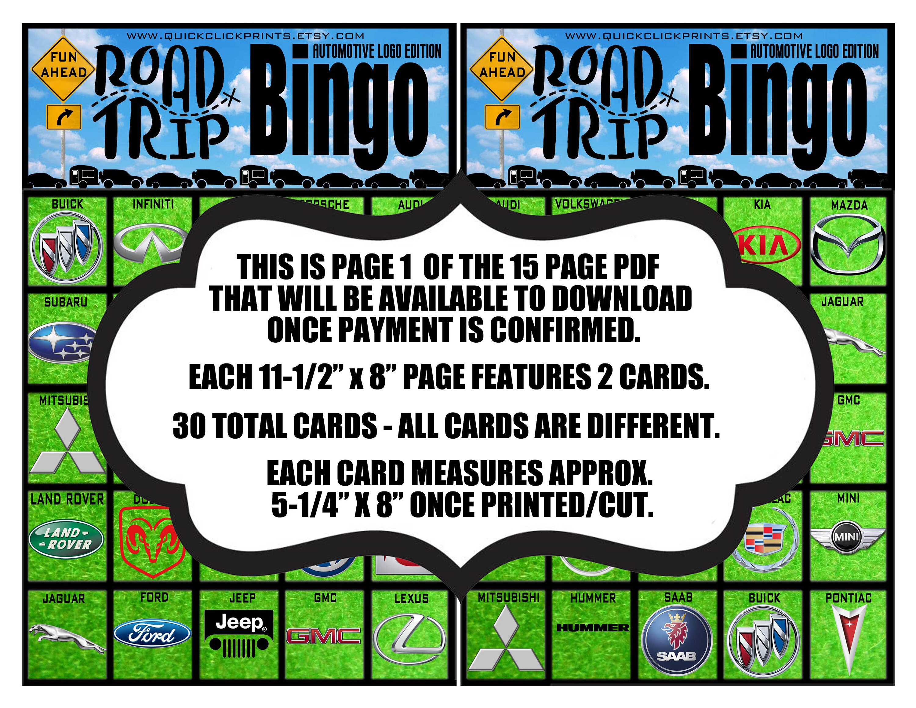 Automotive Logo Road Trip Bingo 20 Cards Travel Bingo travel Game car ...