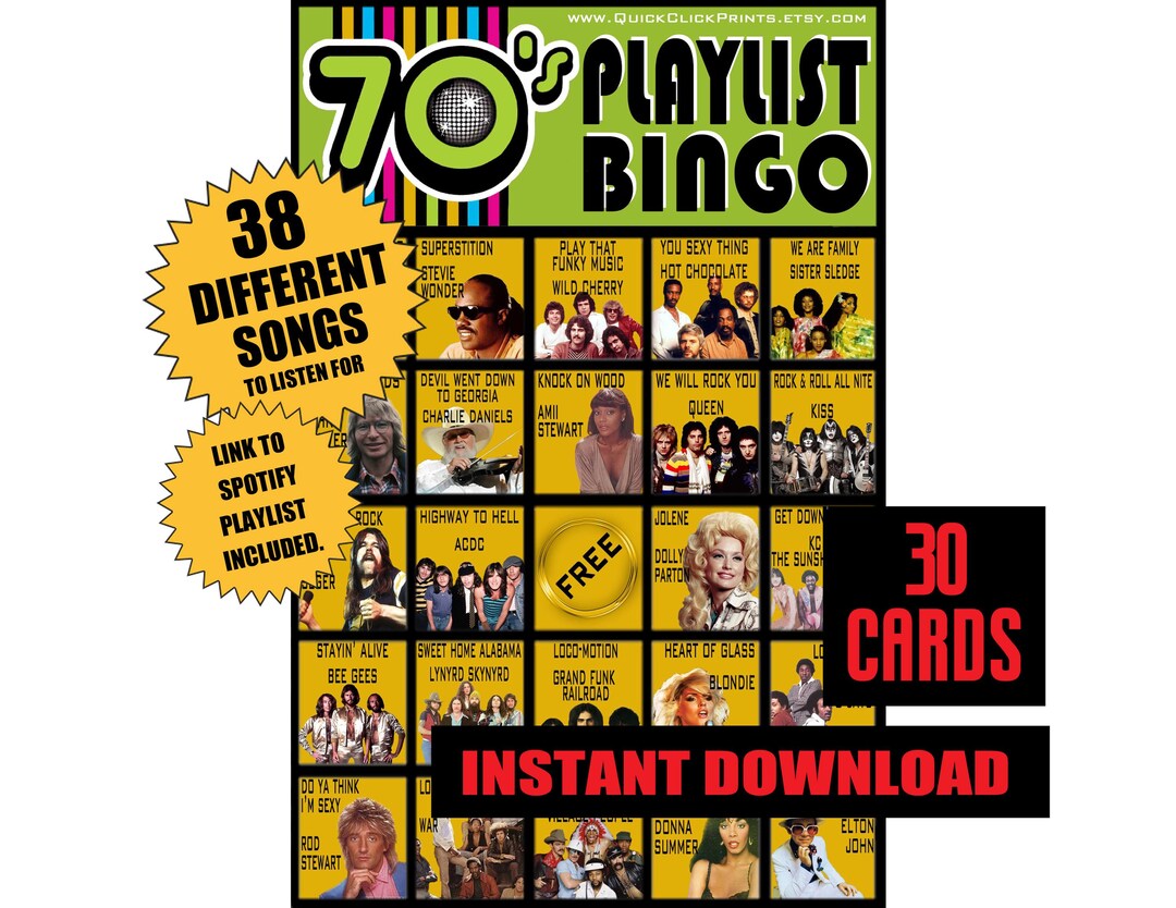 70's Playlist Bingo - 30 Cards - Playlist Bingo- 70s Dance Party Music ...