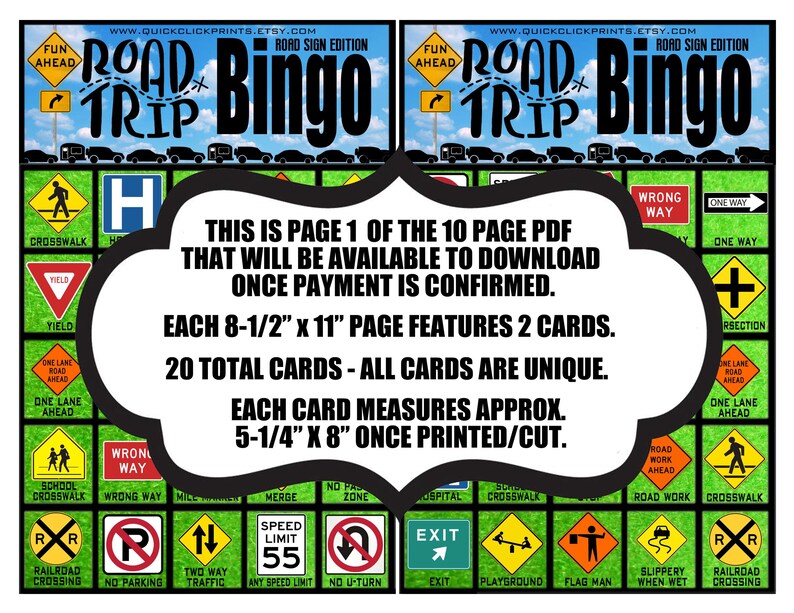 Road Sign Road Trip Bingo - 20 Cards- Travel Bingo -travel Game -car ...