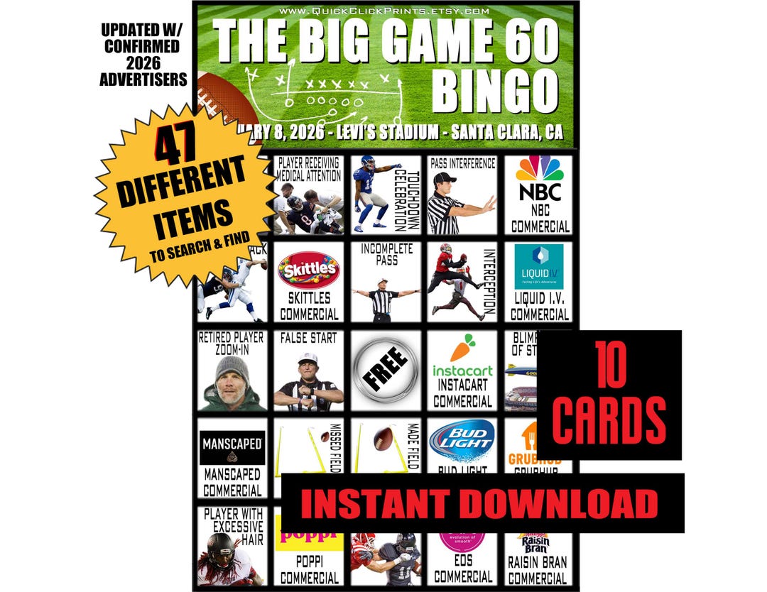 The Big Game 60 Bingo - 10 Cards - Football Party - Printable Instant ...