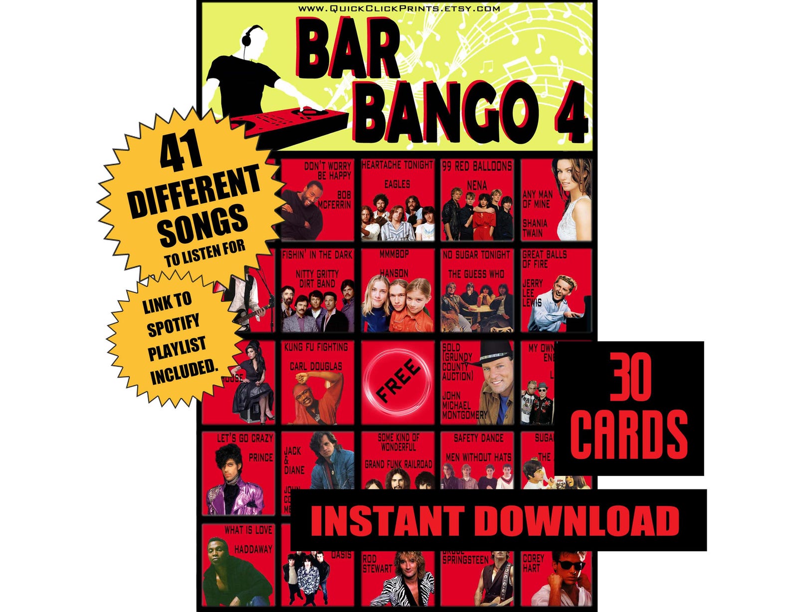 Bar Bango 4 - 30 Cards - Playlist Bingo- Music Bingo - Drinking Game ...