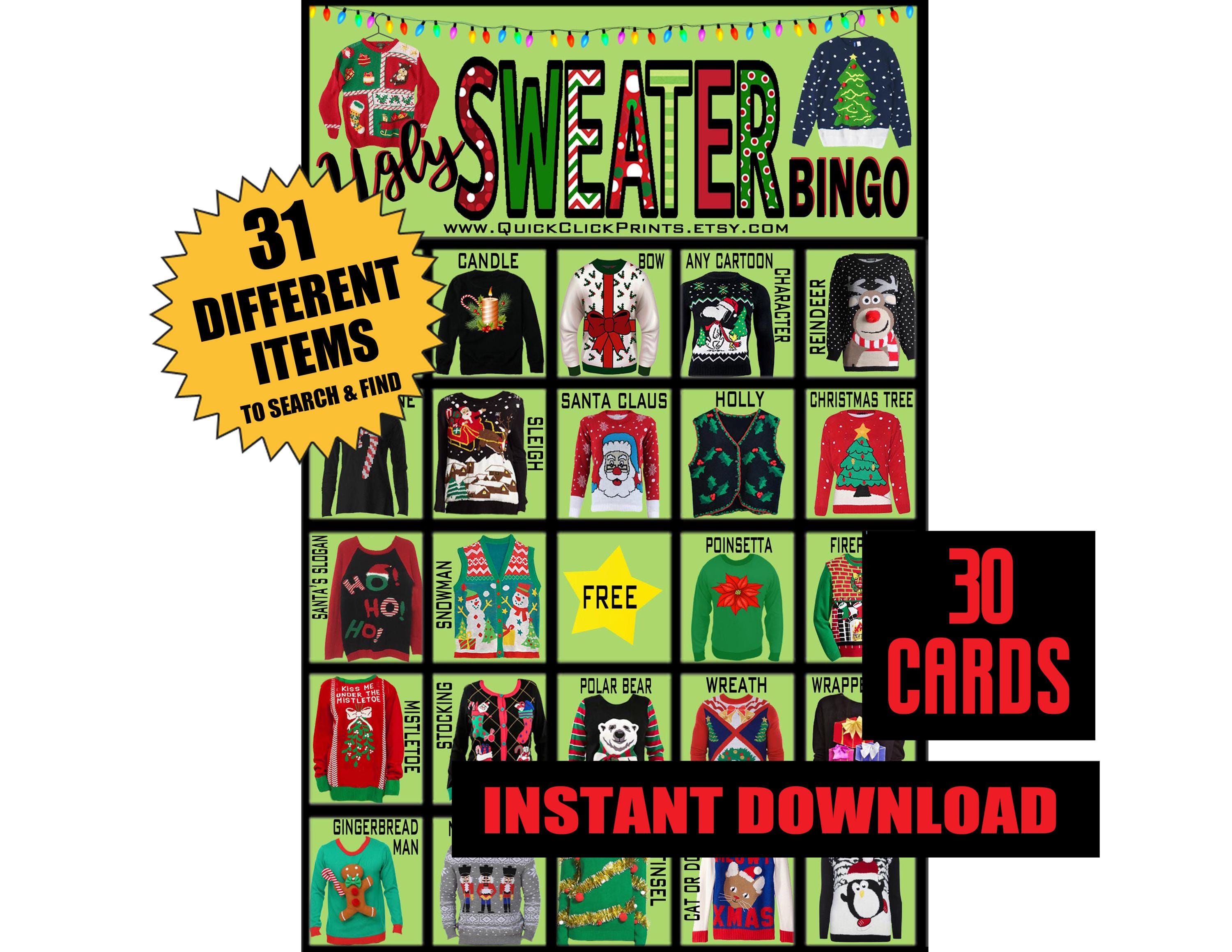 Ugly Sweater Bingo 30 Cards Christmas Party Game Christmas Drinking ...