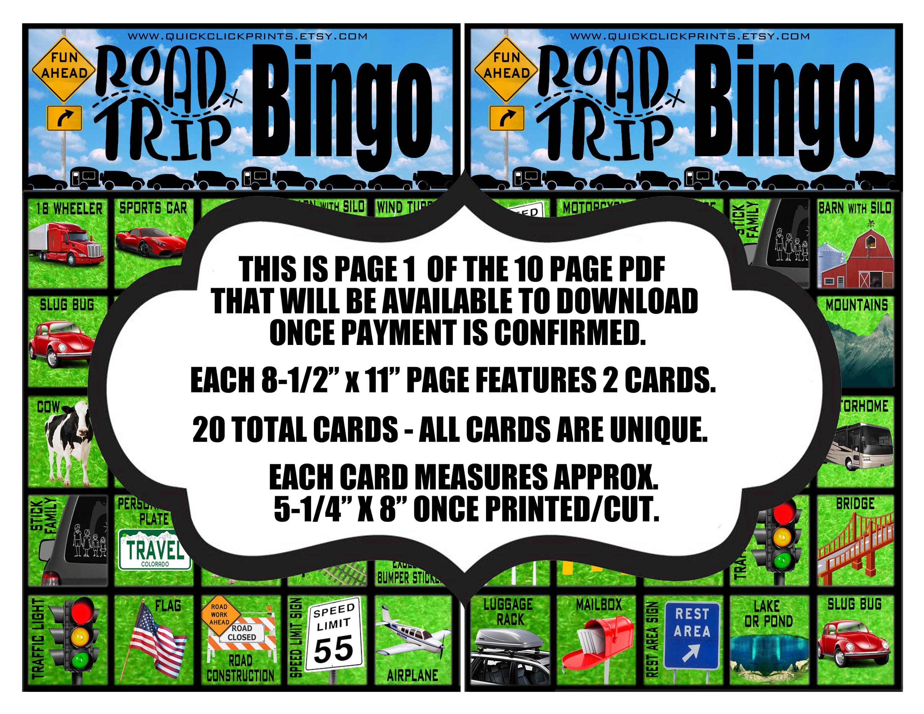 Road Trip Bingo: Travel Car Game, 20 Printable Cards (digital Download ...
