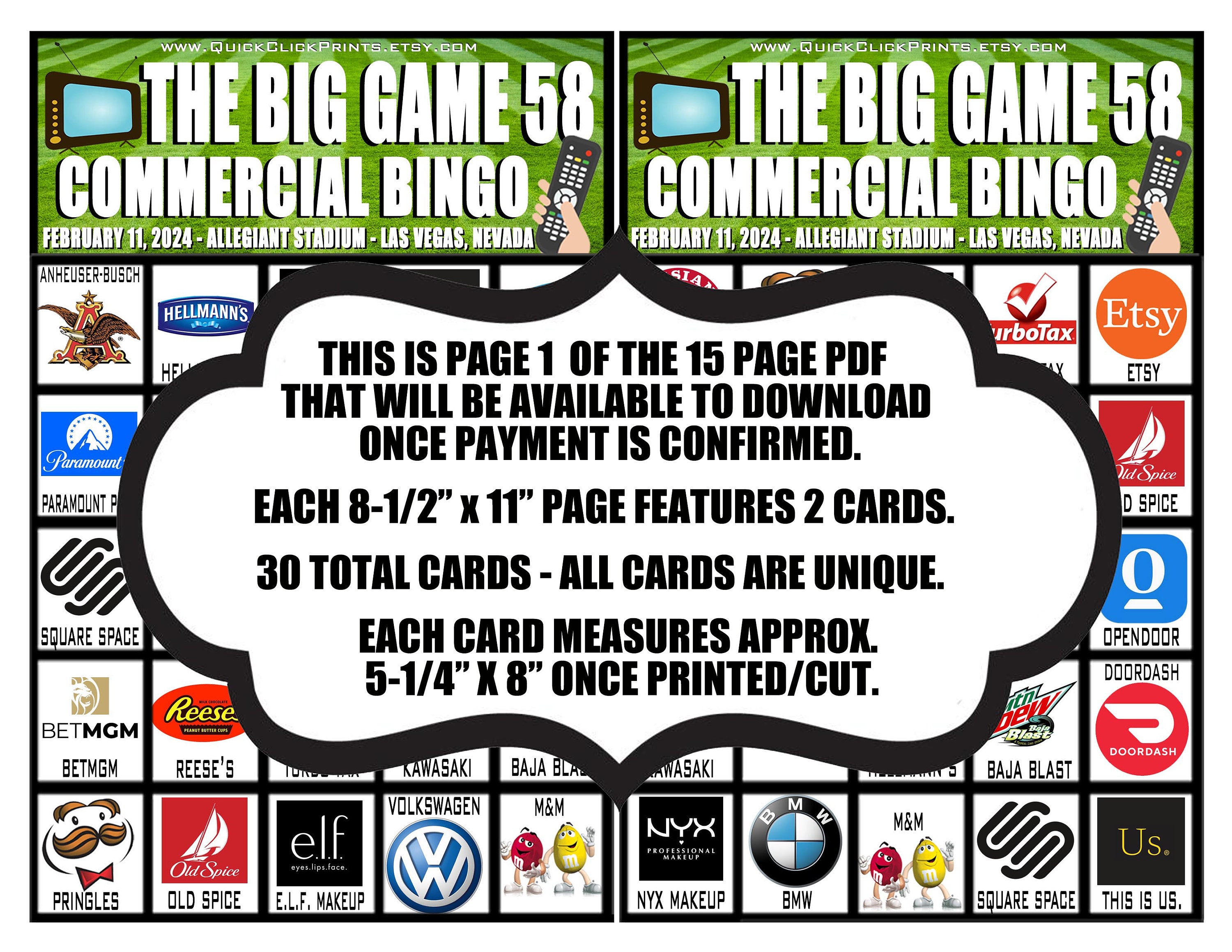 The Big Game 58 Commercial Bingo 30 Cards Football Party Game Drinking ...