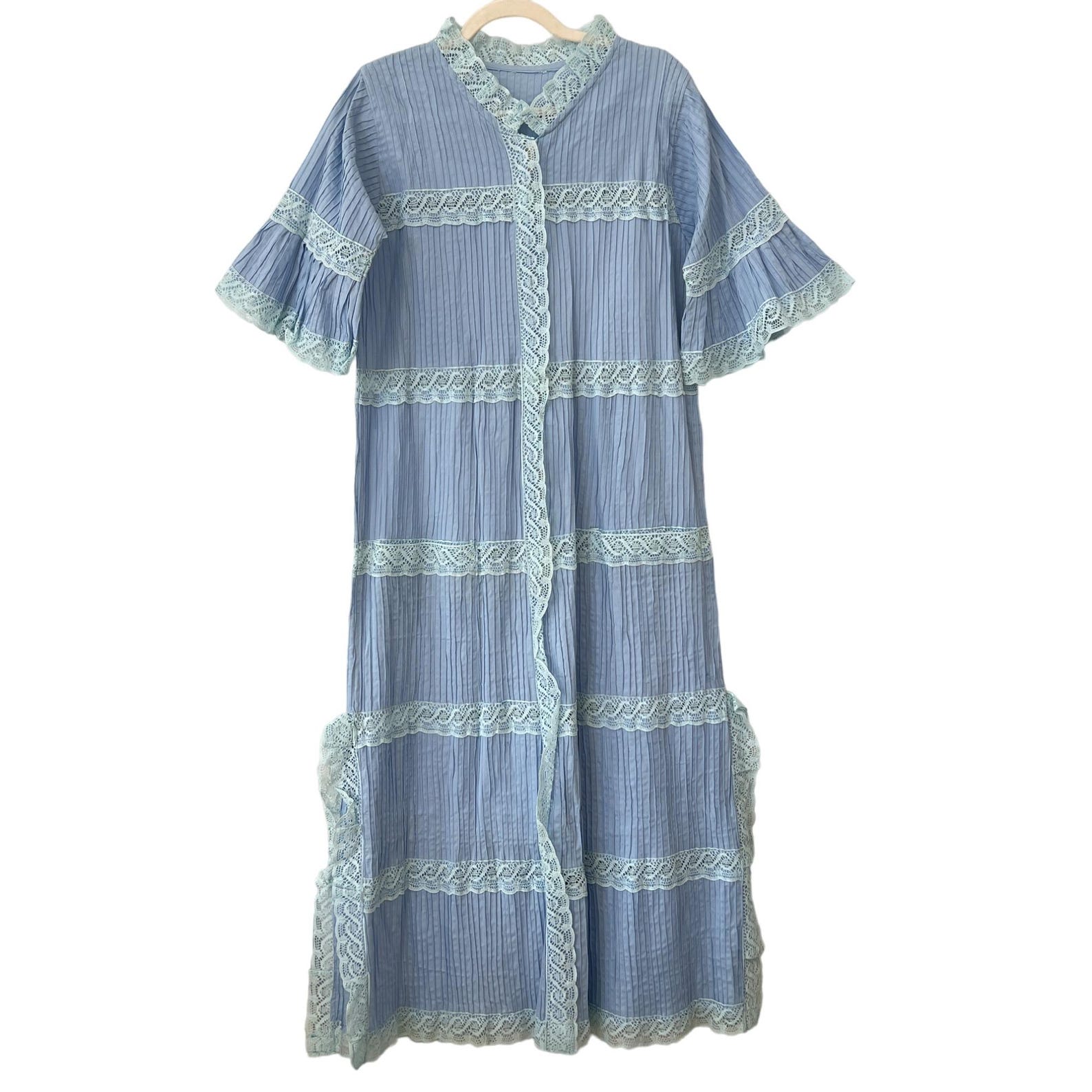 Vintage Housecoat Maxi Dress Womens 16 Pintuck Lace Trim Ruffled ...
