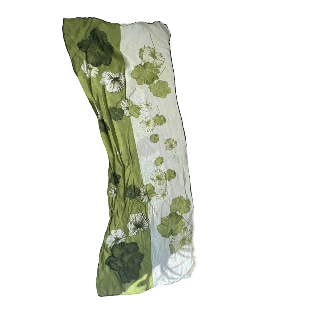 Vintage Leaf Print Rectangle Silk Scarf Lightweight Green Neck Wrap ...