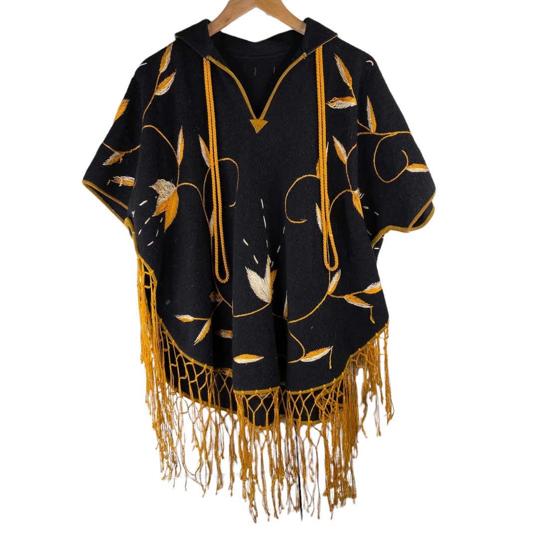 Embroidered Mexican Poncho Vintage 70s Vintage Tassel Fringe Black ...