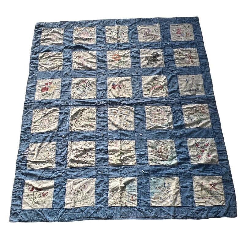 Vintage Embroidered Quilt Square Blocks Scenes Cross Stitch 56x77 Blue ...