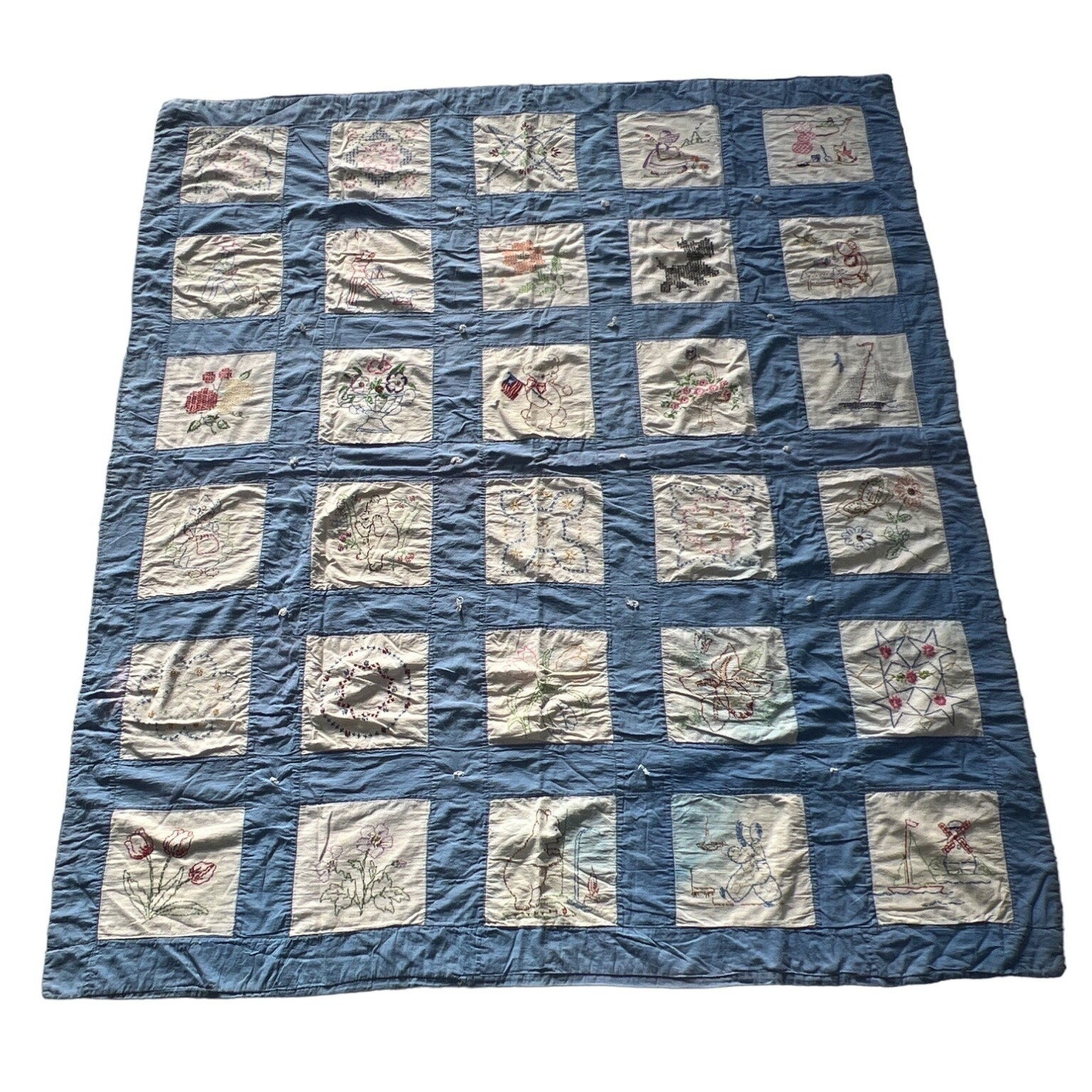 Vintage Embroidered Quilt Square Blocks Scenes Cross Stitch 56x77 Blue ...