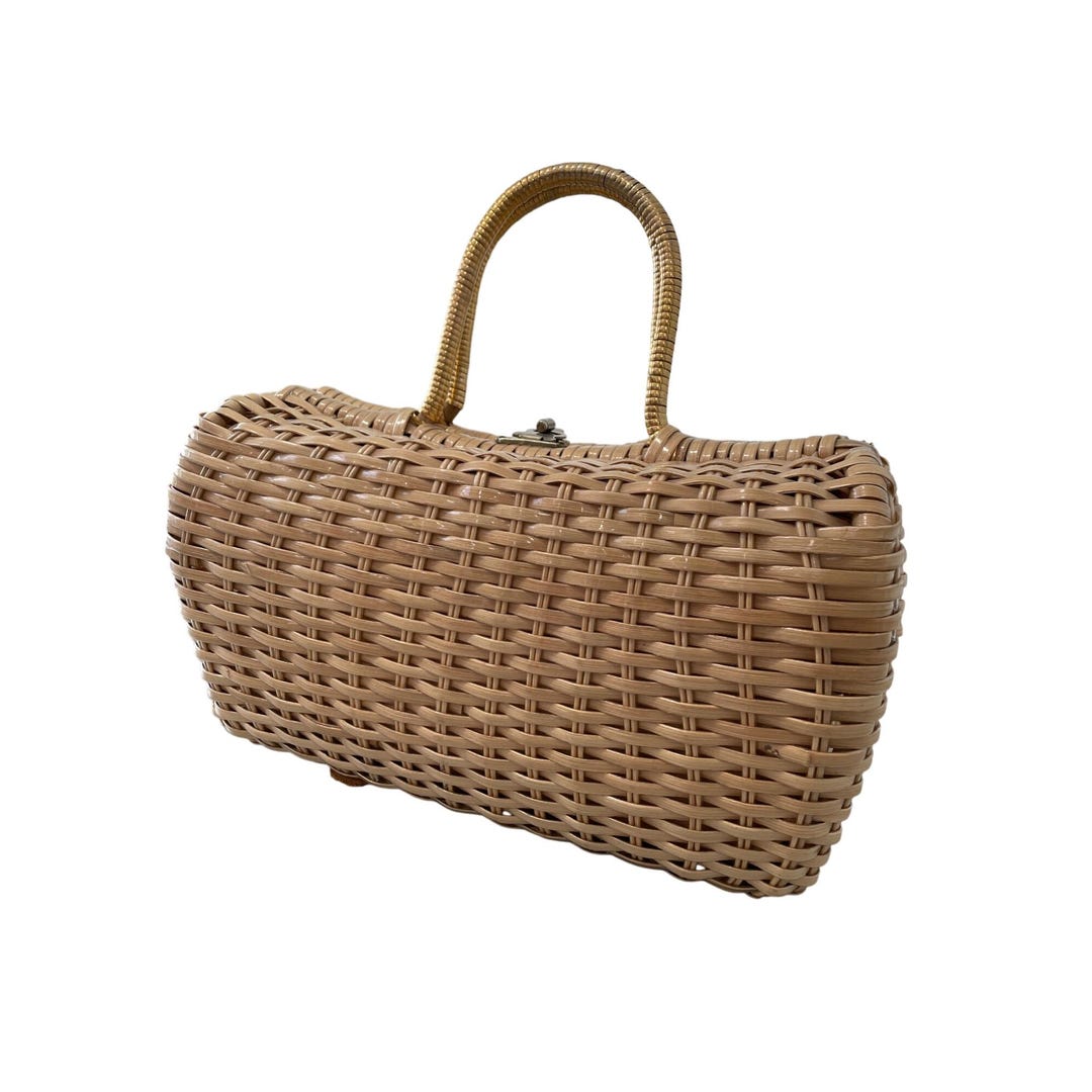 Vintage Simon Handmade Woven Basket Handbag Beige Gold Pink Dual ...