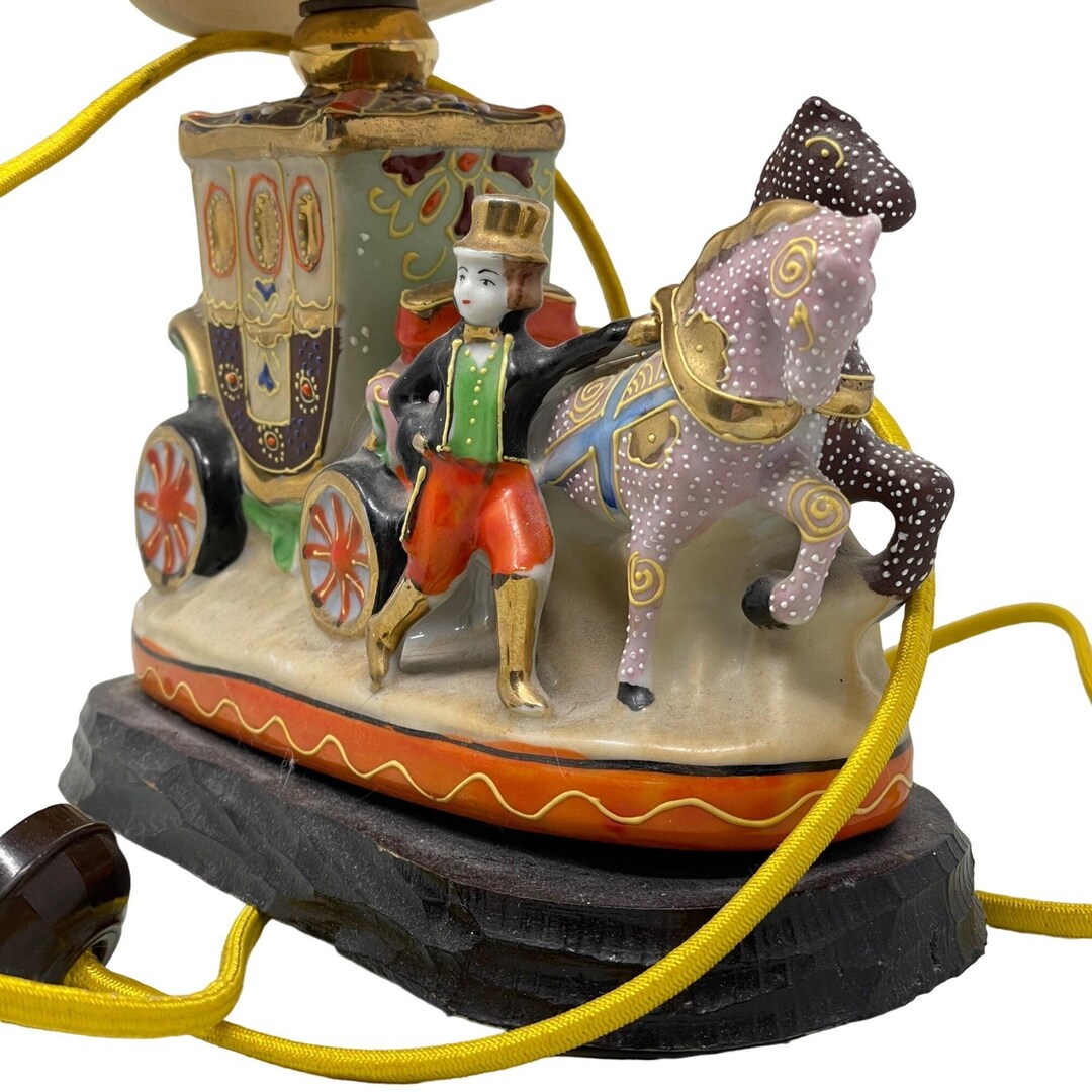 Antique Satsuma Horse & Carriage Table Lamp Vintage Hand Painted WORKS ...