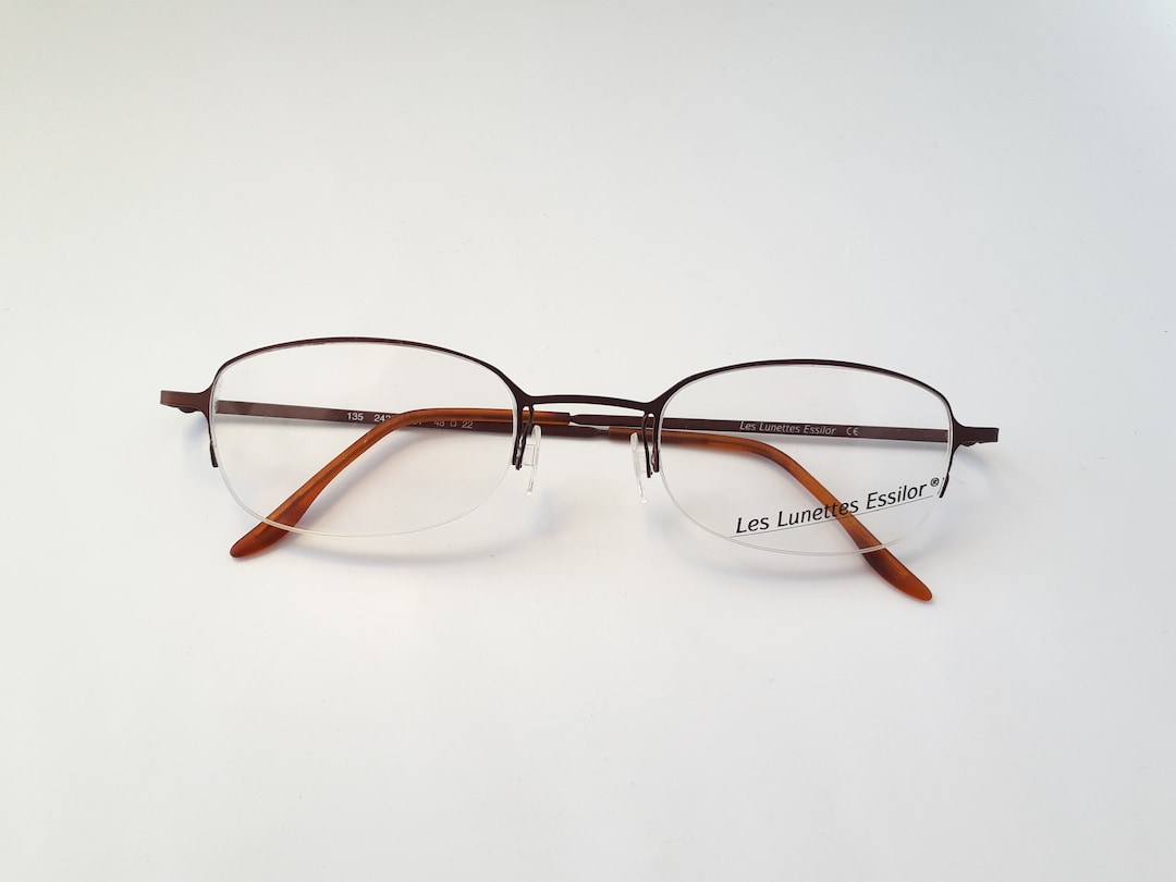Essilor Lunettes Eyeglasses 2428 Brown Angular Half Rimless Metal Men ...
