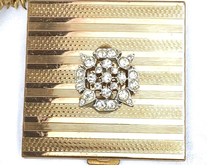 Vintage VOLUPTÉ Gold Tone Machine Lathed Jewelled Powder Mirror Compact ...