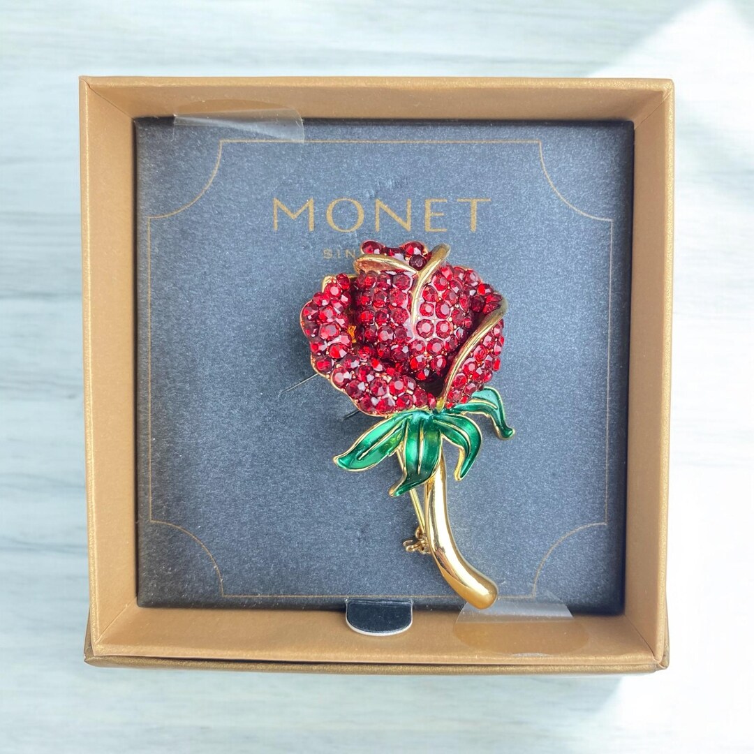 MONET Signed Red Crystal Rose Brooch - Etsy