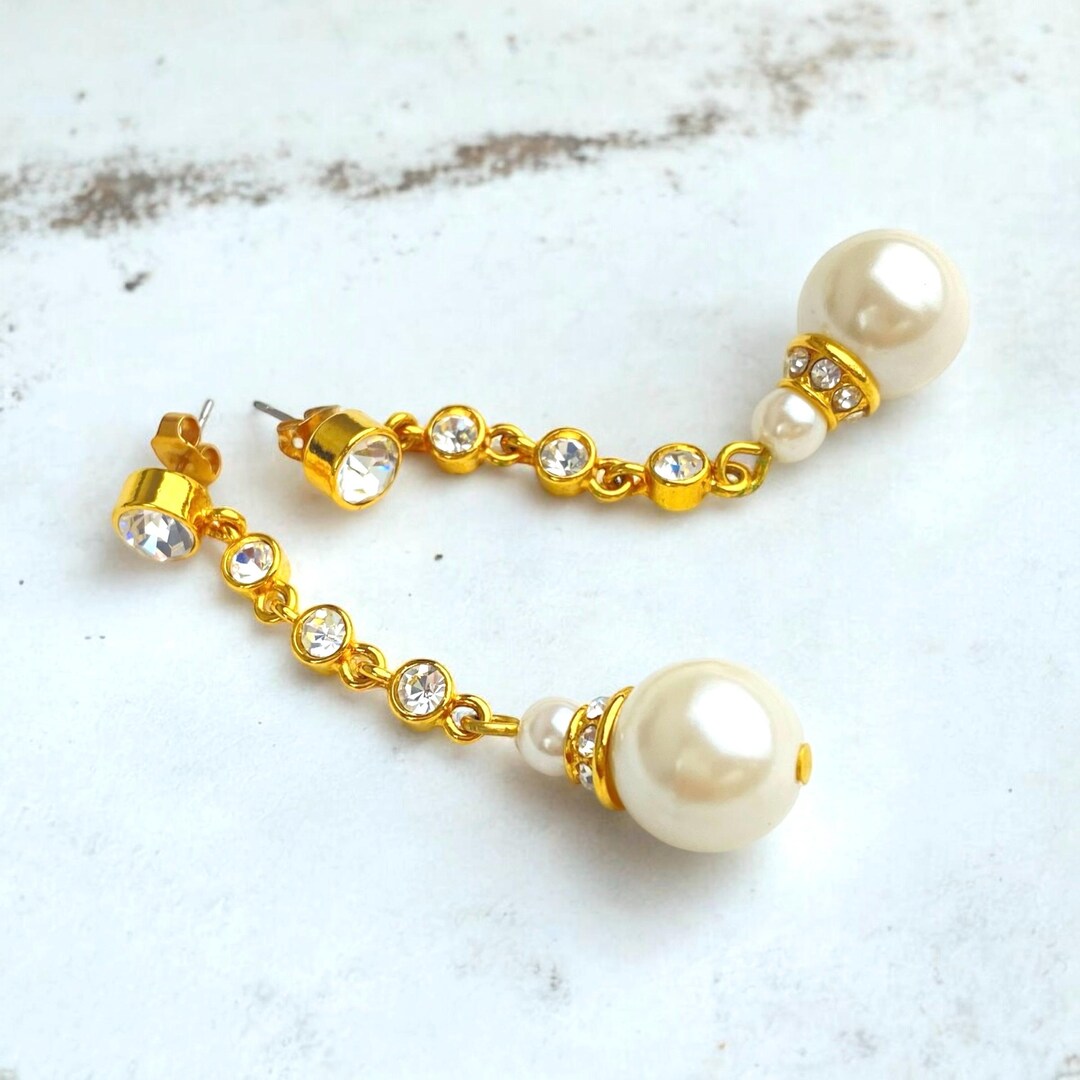 NINA RICCI Signed NR Faux Pearl and Crystal Dangle Post Earrings - Etsy