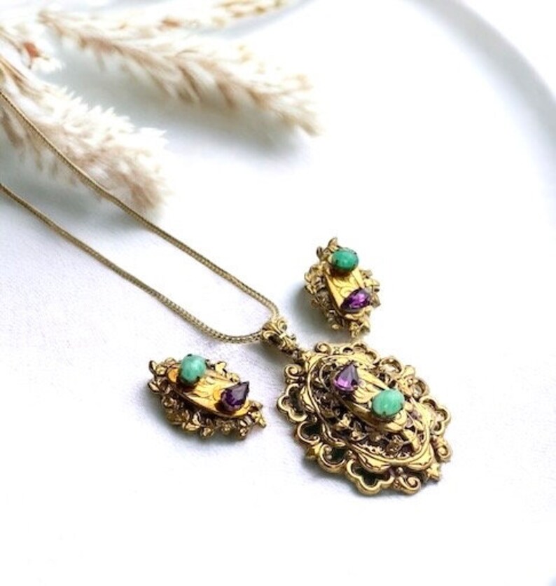 Antique Victorian Jewelled Pendant Necklace and Clip on Earrings - Etsy