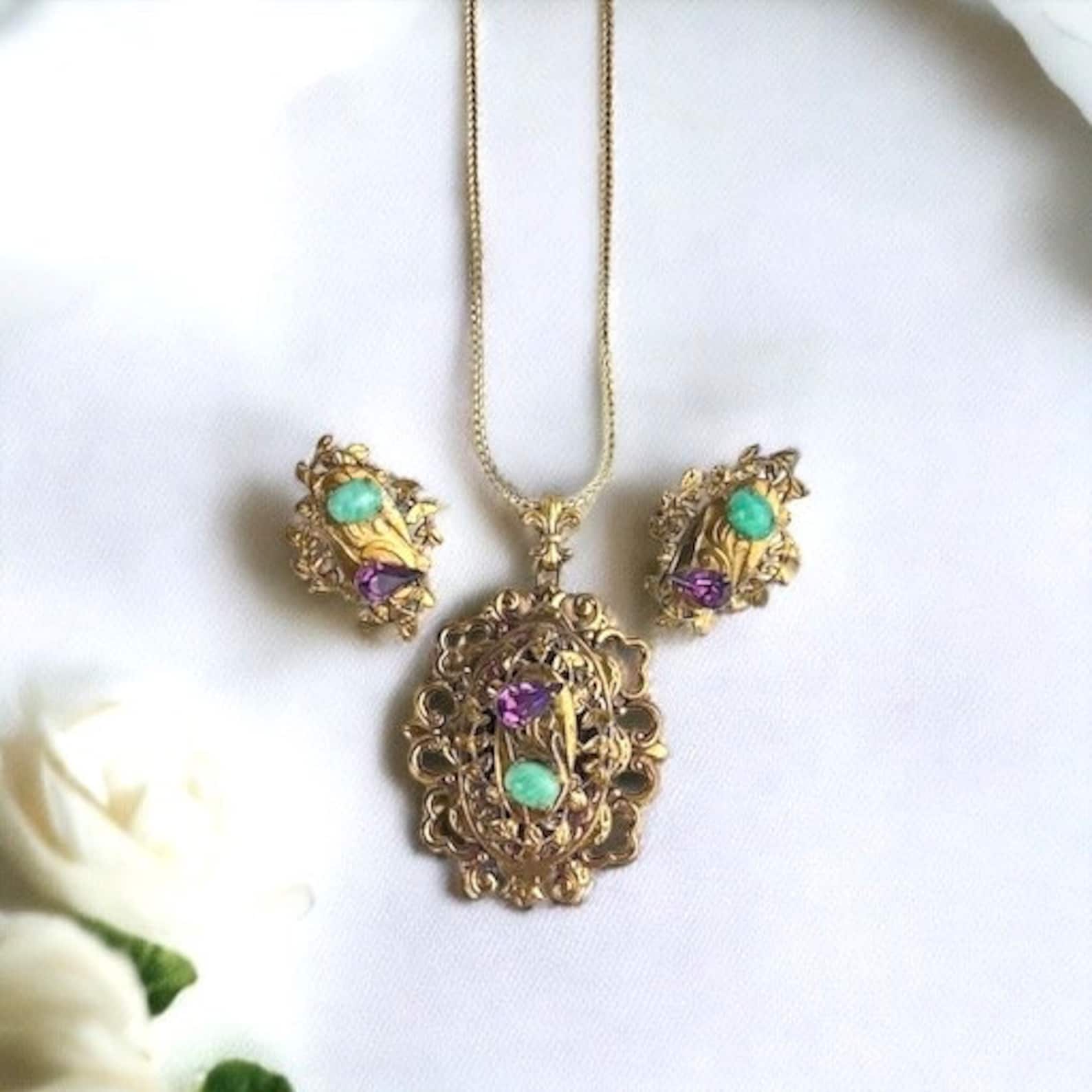Antique Victorian Jewelled Pendant Necklace and Clip on Earrings - Etsy