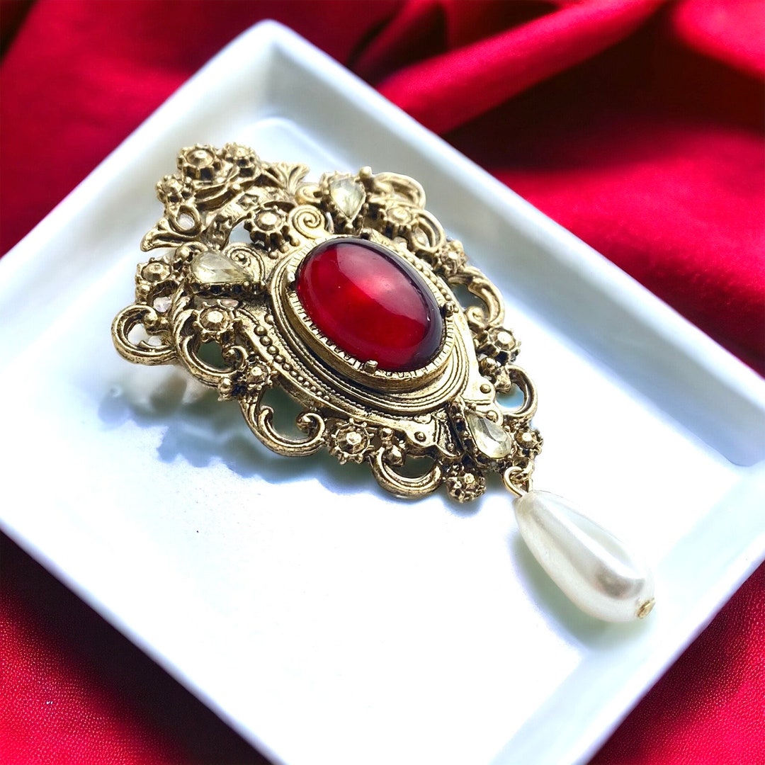 Ornate Red Cabochon and Faux Teardrop Pearl Lavalier Brooch - Etsy