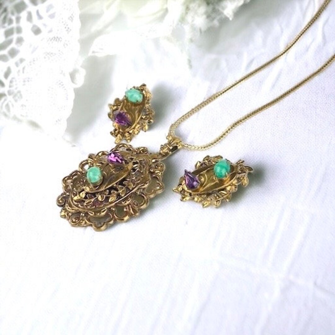 Antique Victorian Jewelled Pendant Necklace and Clip on Earrings - Etsy