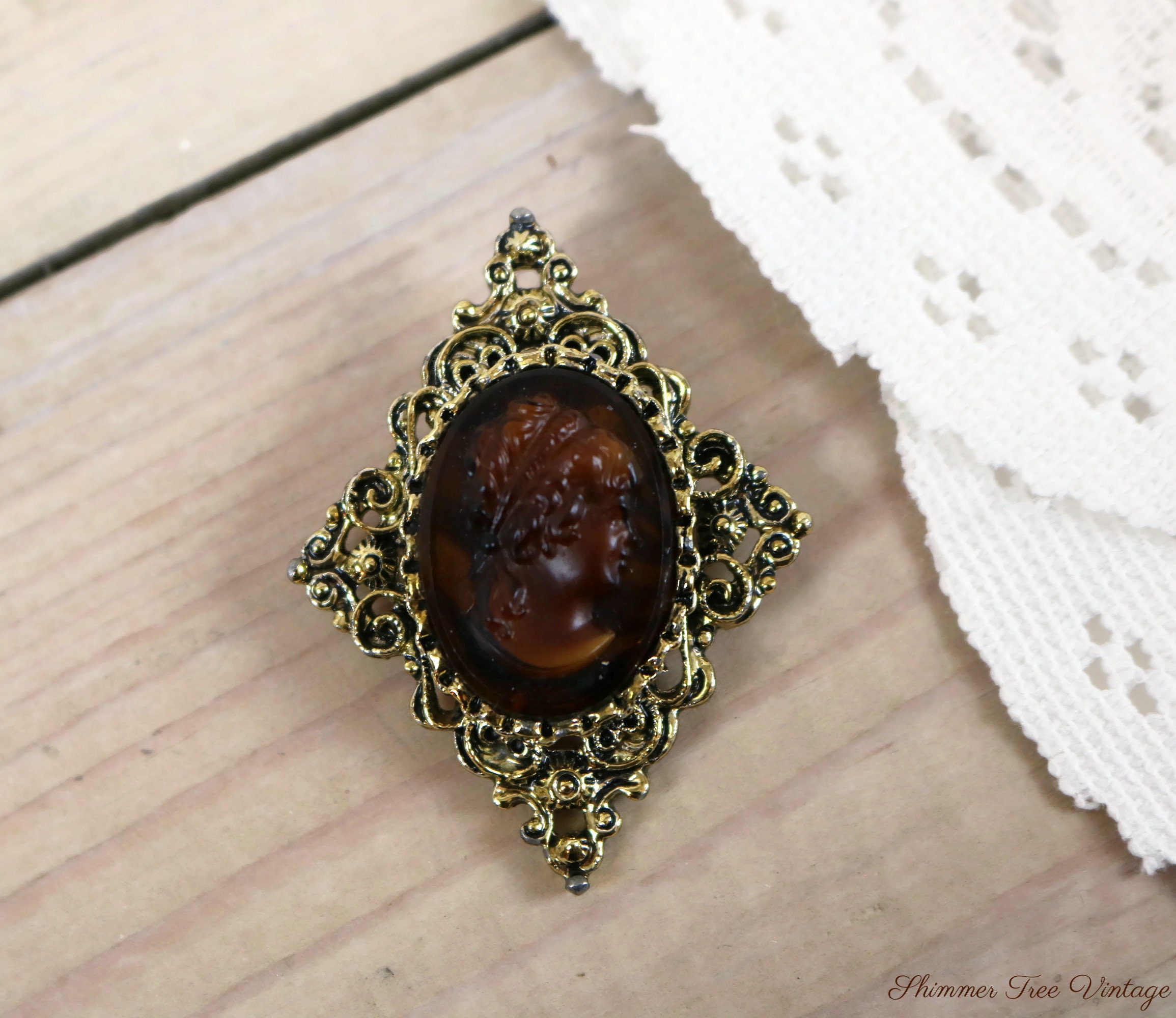 Vintage Glass Tortoise Shell Carved Cameo Brooch Signed | Etsy