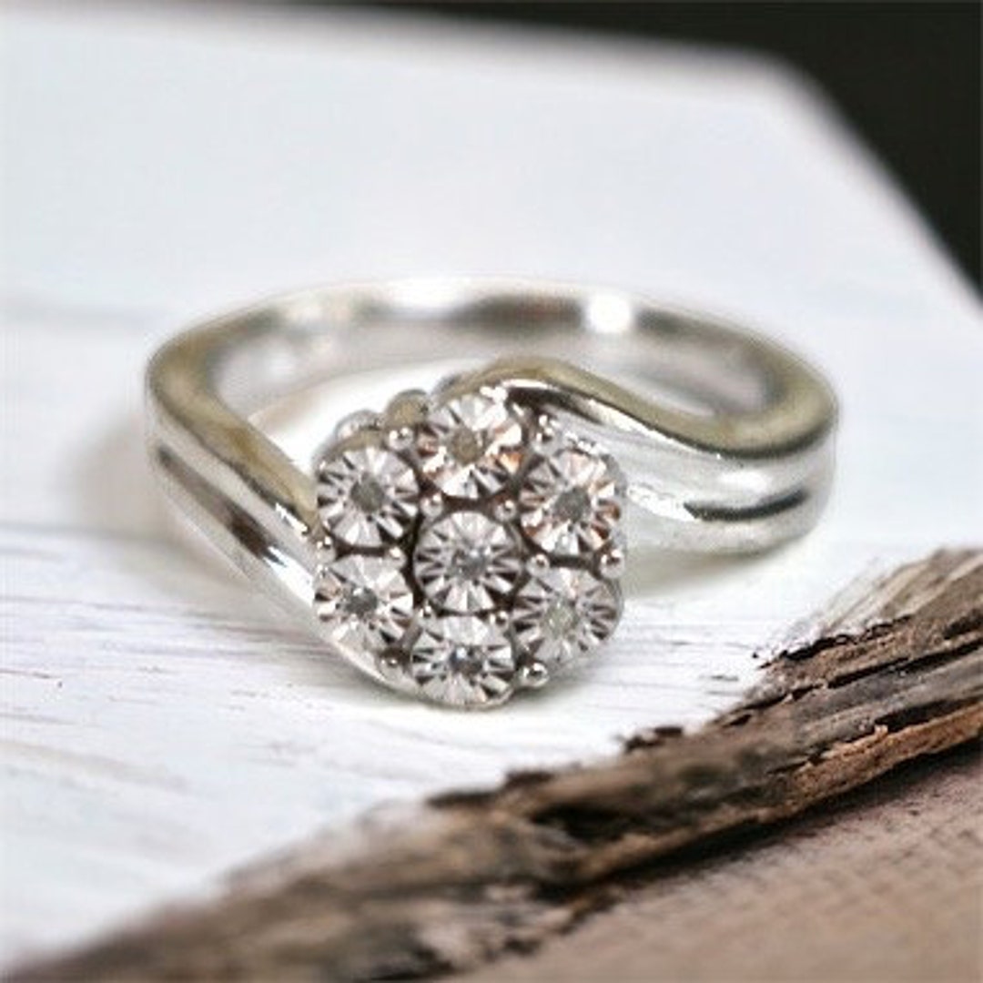 Sterling Silver Flower Cluster Ring With Diamond Chip Centers. US Size ...