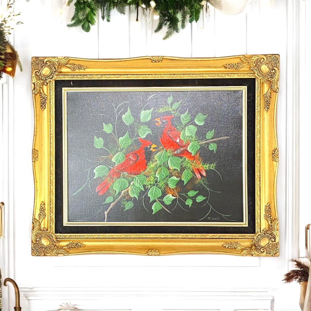 1970's Original Oil Christmas Cardinal Bird Painting Signed M. Lak ...