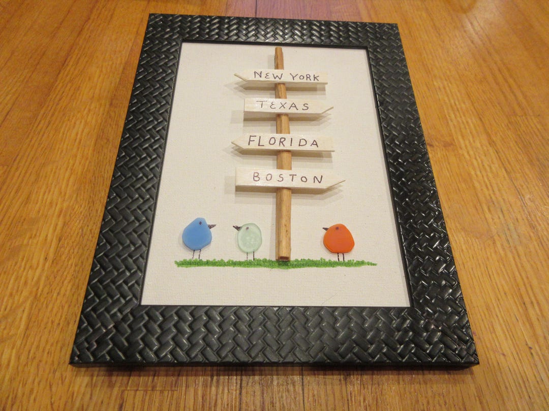 Custom Sea Glass Art: Travel Sign Post With Birds - Etsy