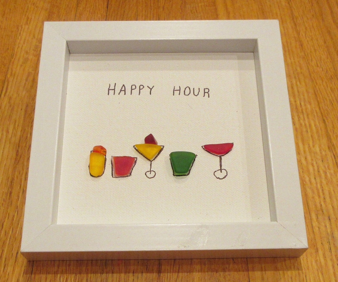 Sea Glass Art: "happy Hour" Framed Bar Decor (6x6) - Etsy