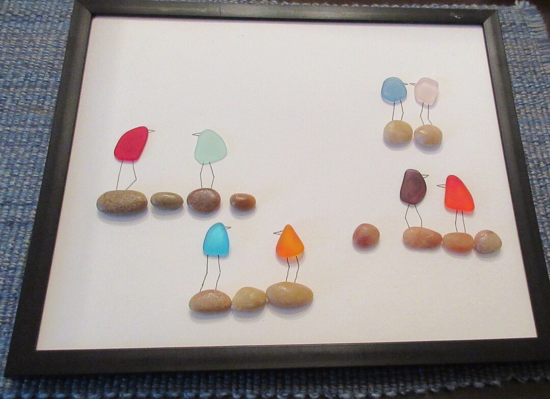 SEA GLASS Art Picture-" Birds on Rocks in a Lake Talking "-framed Free ...