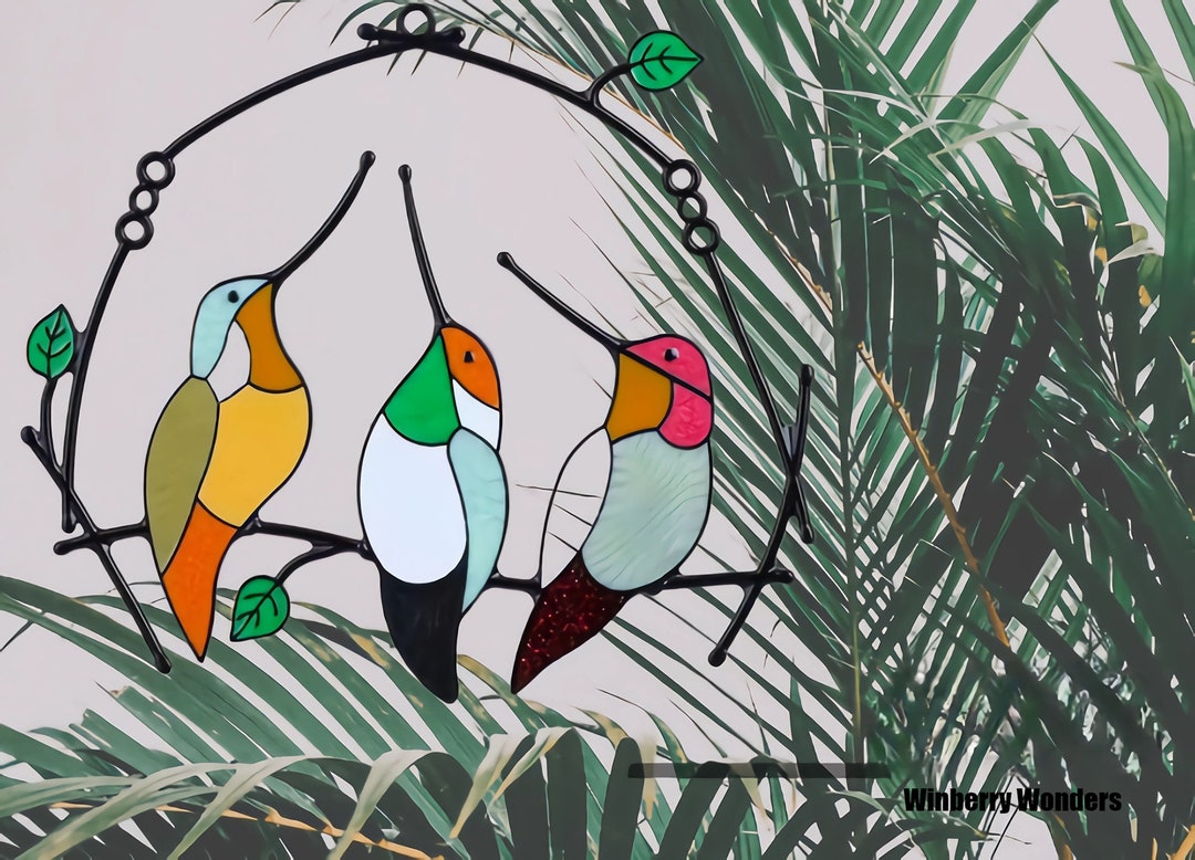 Pair of Hummingbirds Stained Glass Window Hangings Three Hummingbird ...