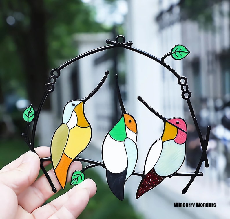 Pair of Hummingbirds Stained Glass Window Hangings Three Hummingbird ...