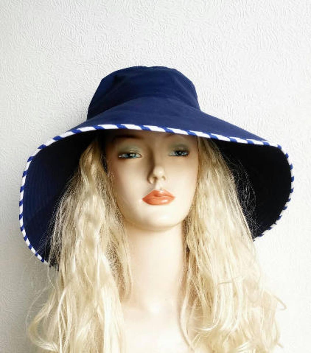 Women's Navy Blue Cotton Sun Hat With Wide Brim , Cotton Summer Hat ...