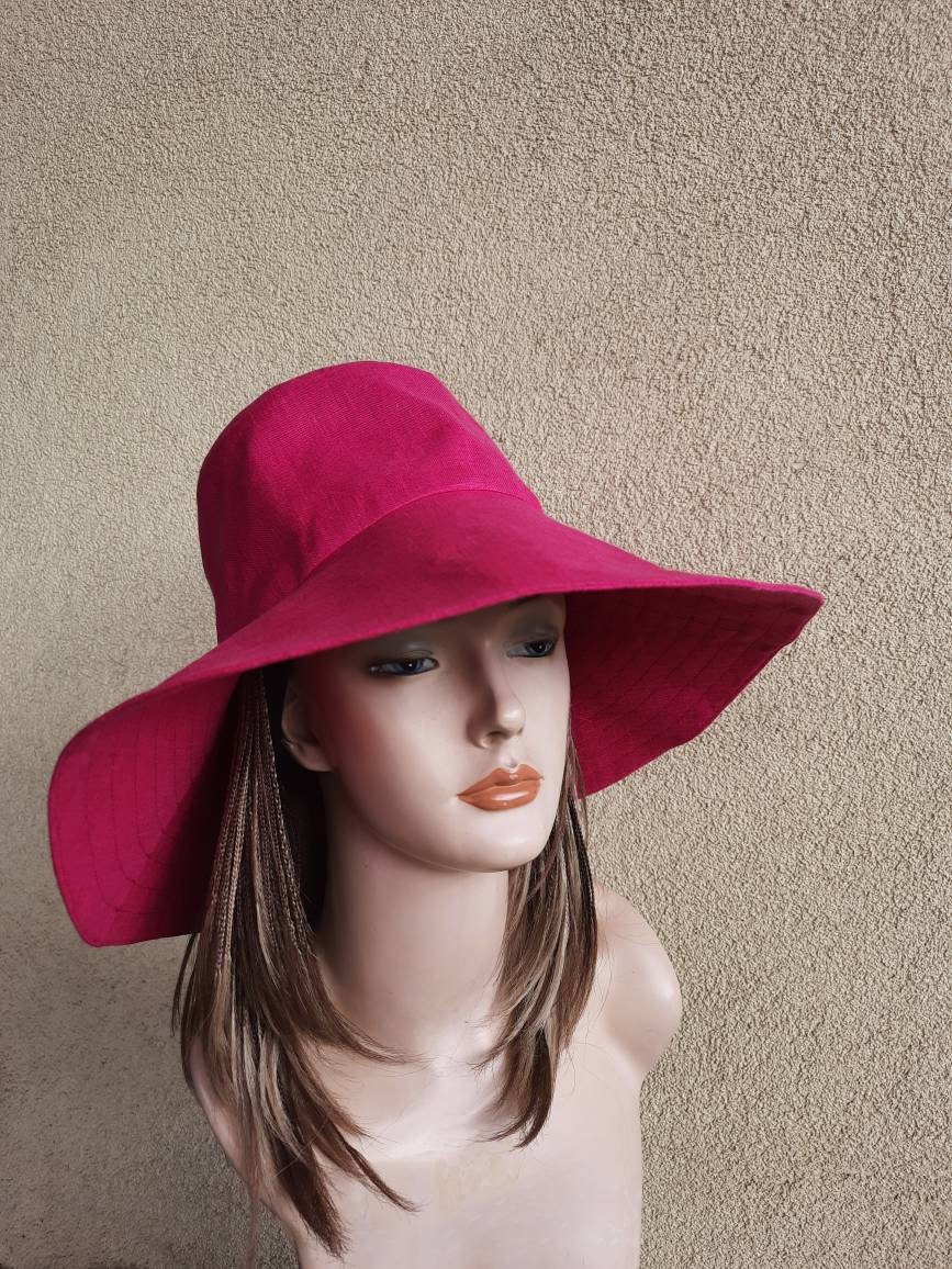 Women's Pink Linen Sun Hat Panama, Deep Pink Summer Hat, Women's Linen ...