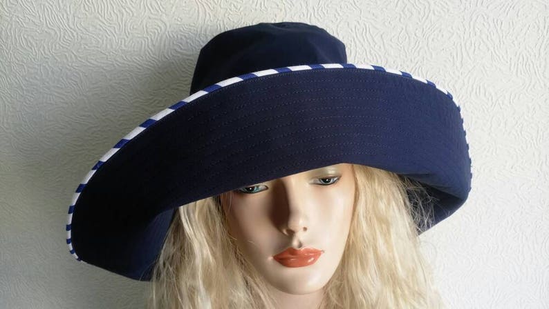 Women's Navy Blue Cotton Sun Hat With Wide Brim Cotton - Etsy