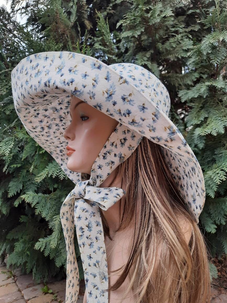 Women Linen Summer Sun Hat Panama White Linen on Blue Small - Etsy