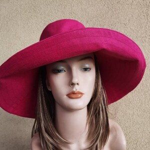 Women's Pink Linen Sun Hat Panama, Deep Pink Summer Hat, Women's Linen ...