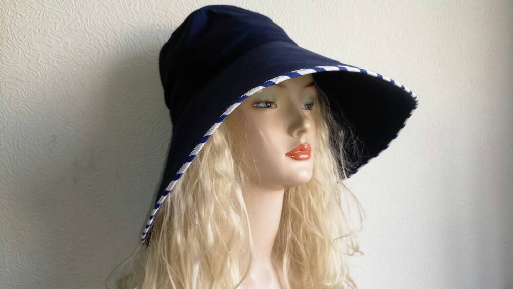 Women's Navy Blue Cotton Sun Hat With Wide Brim Cotton - Etsy