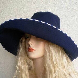 Women's Navy Blue Cotton Sun Hat With Wide Brim , Cotton Summer Hat ...
