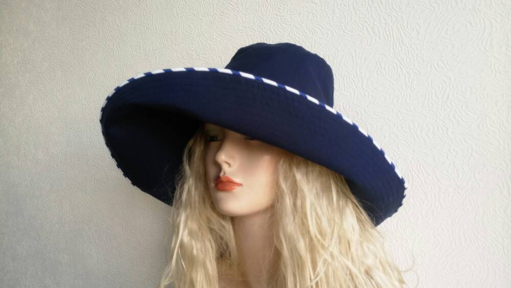 Women's Navy Blue Cotton Sun Hat With Wide Brim Cotton - Etsy