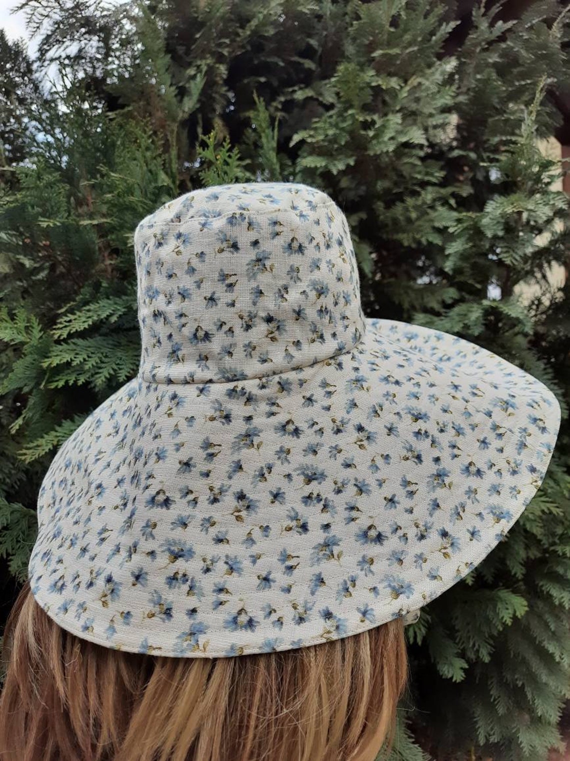 Women Linen Summer Sun Hat Panama White Linen on Blue Small - Etsy
