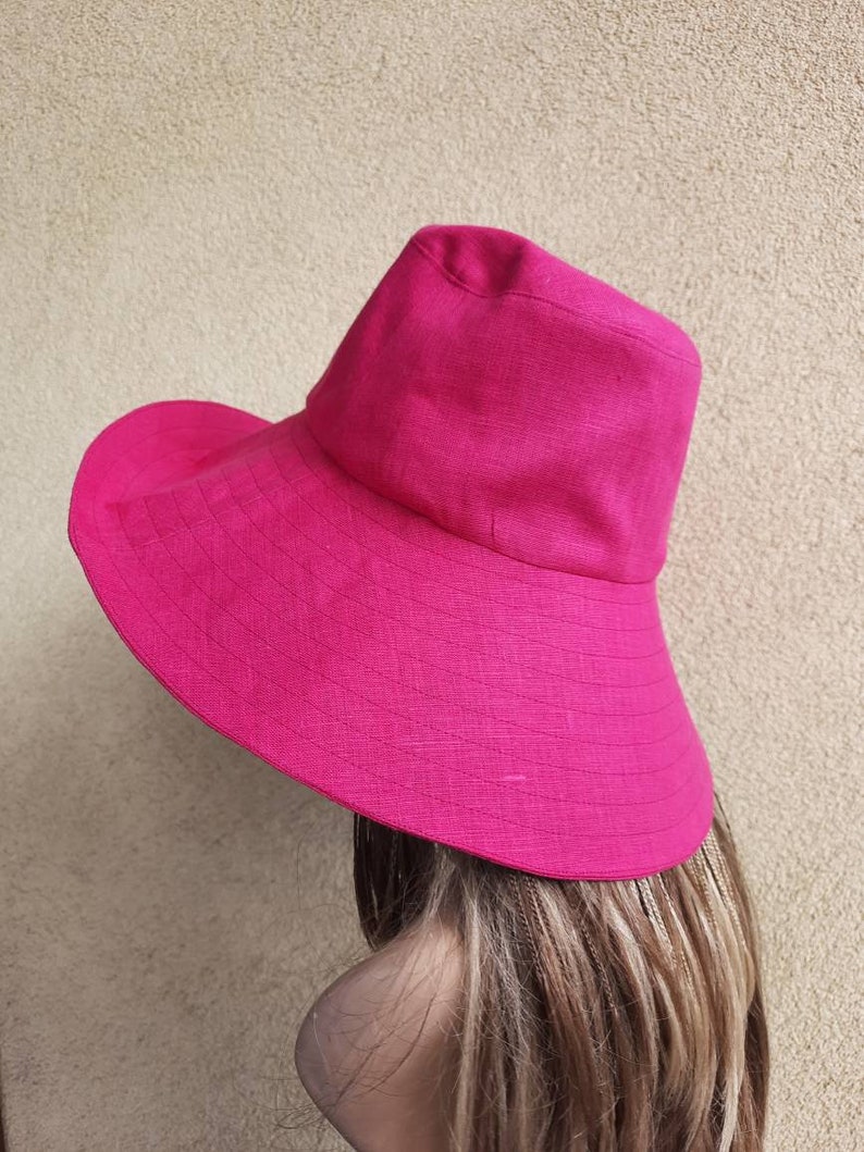 Women's Pink Linen Sun Hat Panama, Deep Pink Summer Hat, Women's Linen ...
